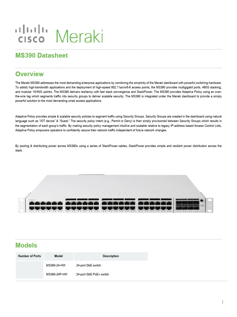 Cisco Meraki MS390 Switches Datasheet | PDF | Data Transmission ...