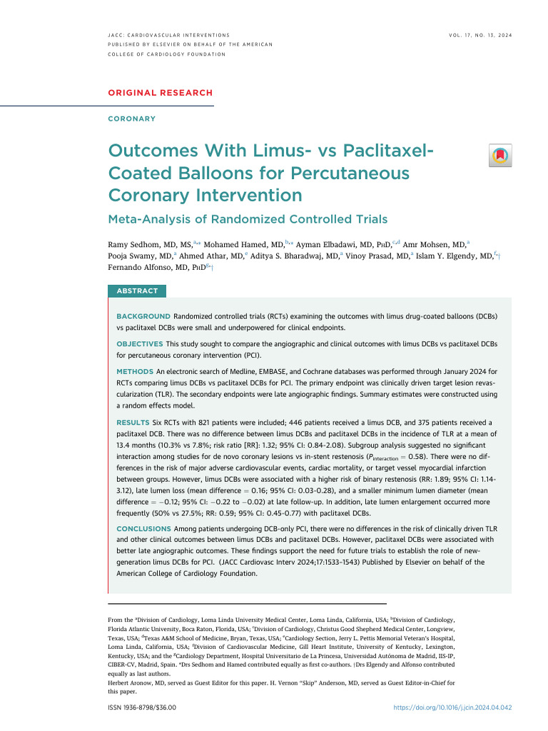 Sedhom Et Al 2024 Outcomes With Limus Vs Paclitaxel Coated Balloons For ...