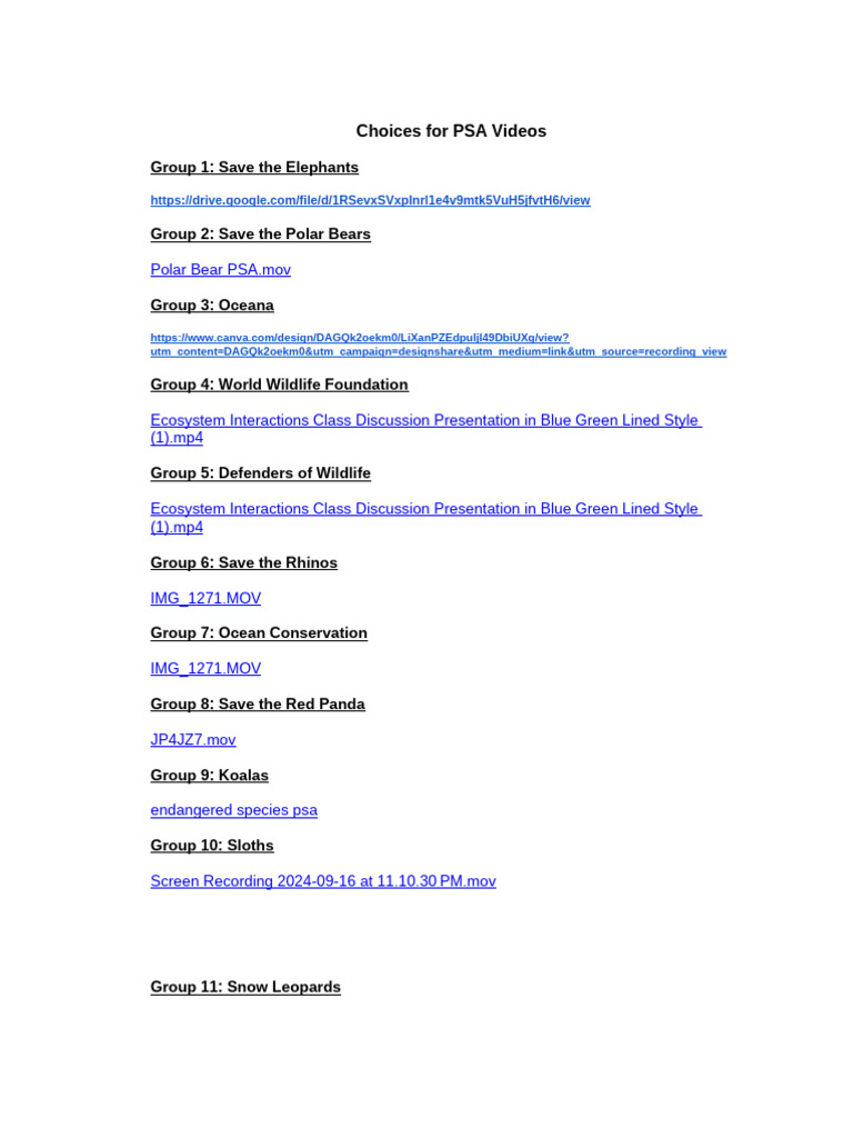 PSA Video Options for Wildlife Conservation | PDF