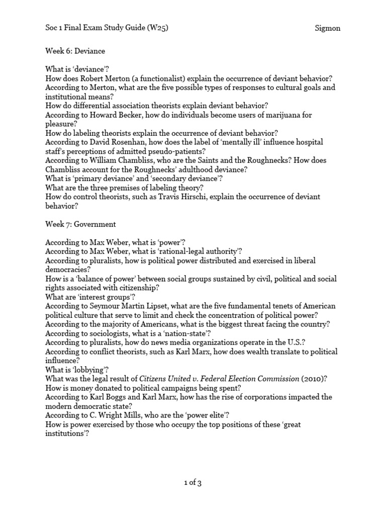 Soc 1 W25 Final Exam Study Guide | PDF | Deviance (Sociology) | Social ...
