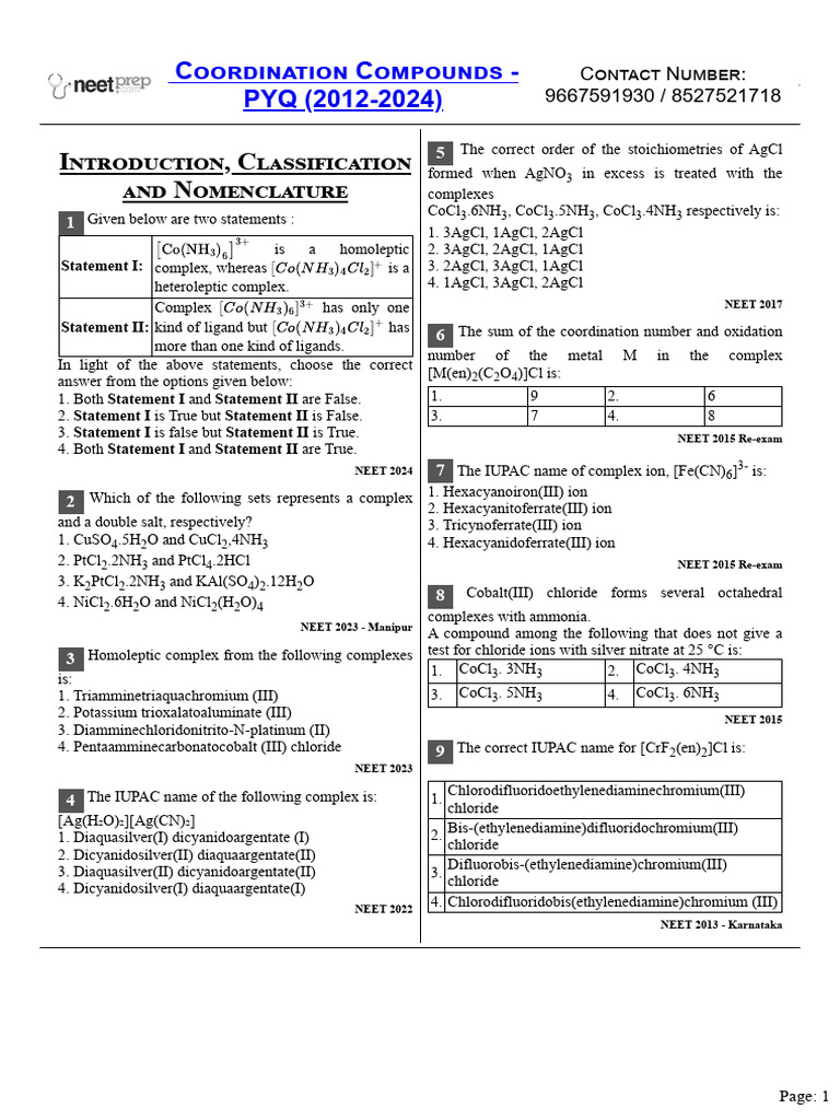Coordination Compounds - PYQ (2012-2024) | PDF | Coordination Complex | Ligand