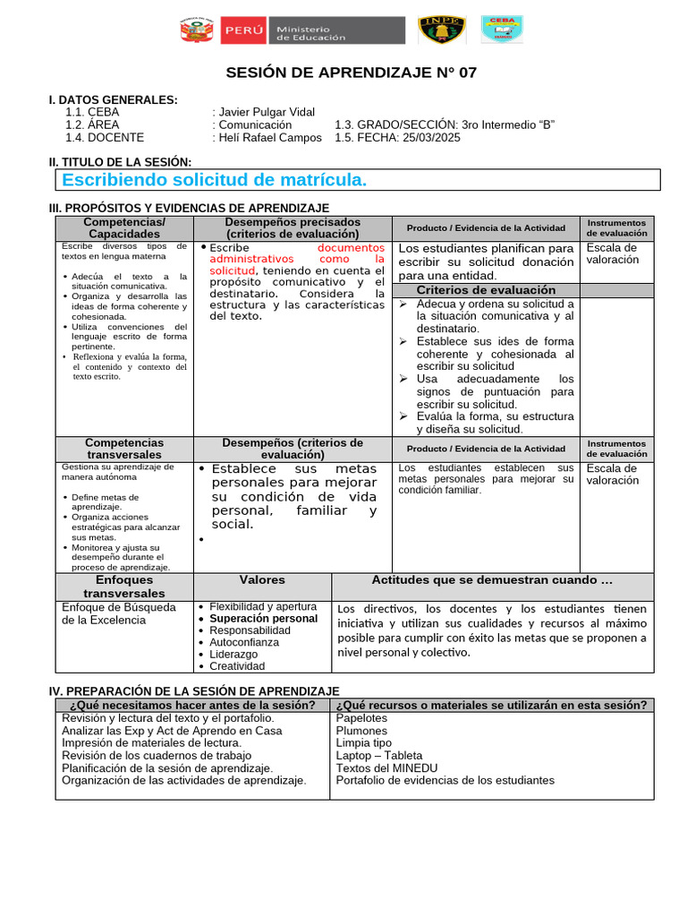 Sesión Aprendizaje 2025 | PDF | Aprendizaje | Maestros