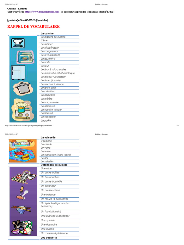 Lexique des Ustensiles de Cuisine | PDF | Nourritures | Cuisine