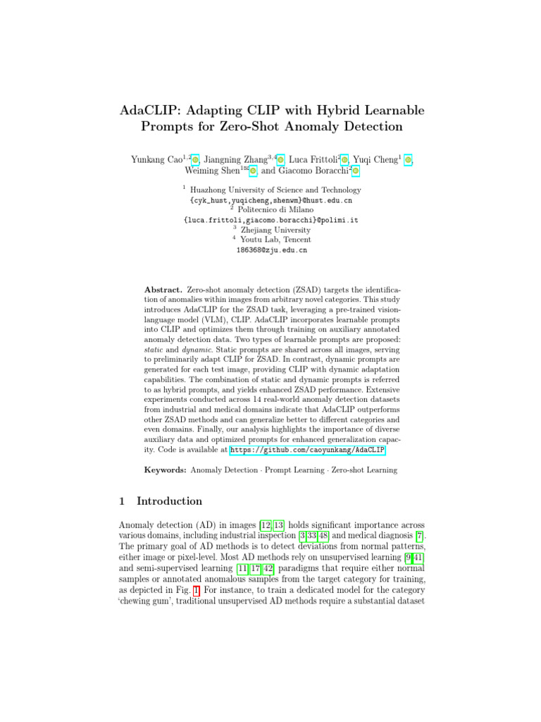 AdaCLIP: Hybrid Prompts for ZSAD | PDF | Machine Learning | Artificial ...