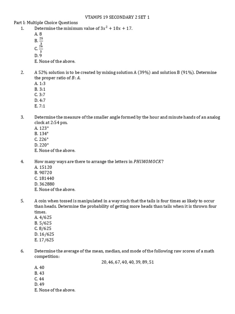 VTAMPS 19 Secondary 2 Set 1 | PDF | Average | Arithmetic