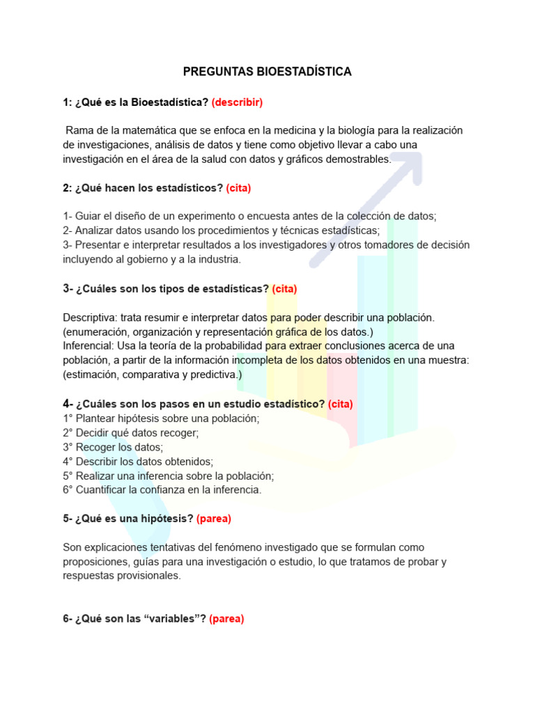 PREGUNTAS BIOESTADÍSTICA | PDF | Estadísticas | Datos