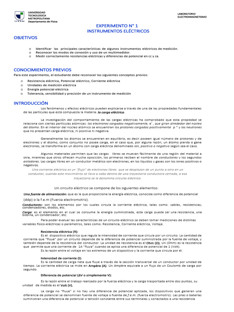 GUÍA EXP 1 - Instrumentos Eléctricos - 638507 | PDF | Electricidad | Corriente eléctrica