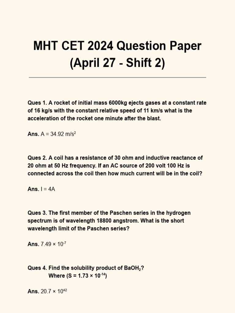 MHT CET 2024 Question Paper April 27 Shift 2 | PDF