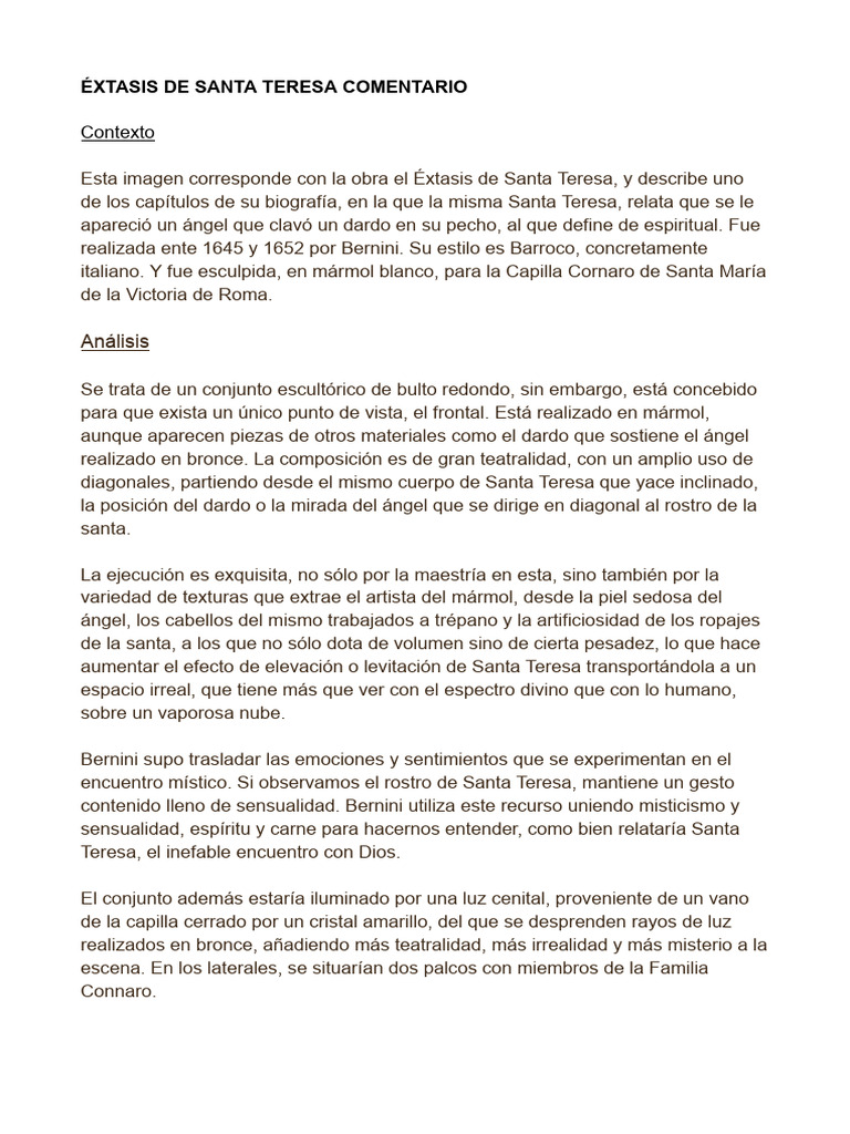 Éxtasis de Santa Teresa: Análisis y Significado | PDF