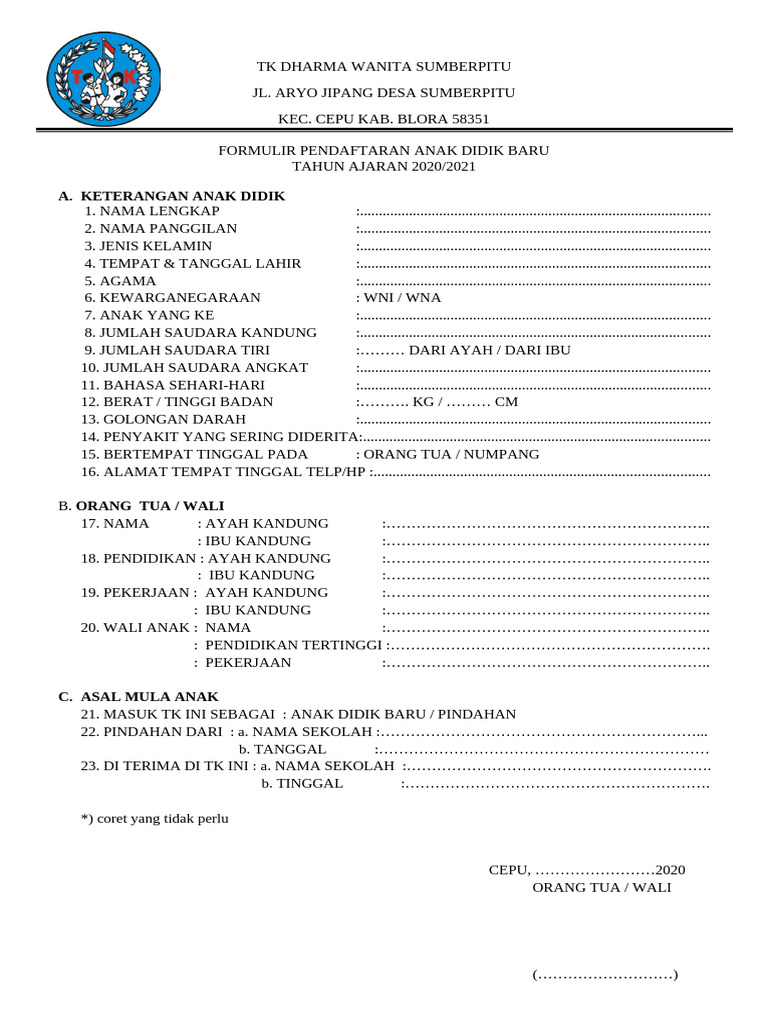 Formulir Pendaftaran TK Dharma Wanita | PDF