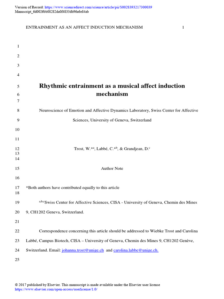 Rhythmic Entrainment as a Musical Affect Induction Mechanism | PDF ...