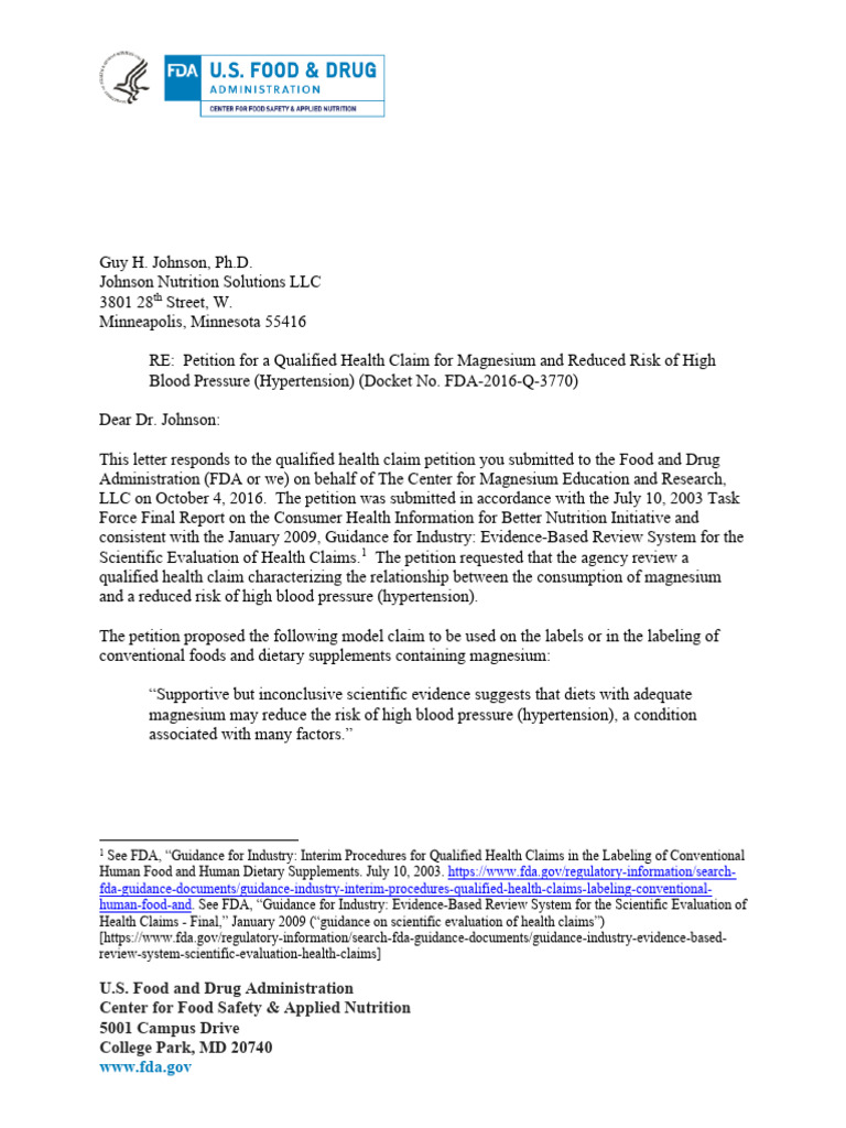 FDA Response Petition Qualified Health Claim Magnesium Reduced Risk ...