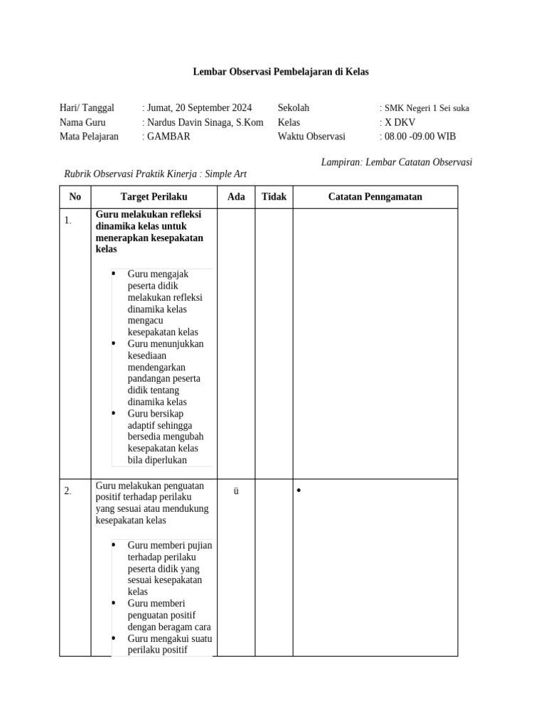 Lembar Observasi Pembelajaran di Kelas PMM (2) | PDF