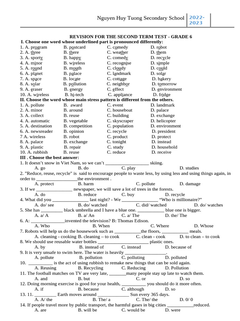 De cuong HKII - lop 6 Truong Nguyen Huy Tuong | PDF | Recycling