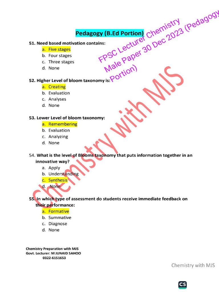 FPSC Lecturer Chemistry Past Paper 30th Dec 2023 (Pedagogy Portion) | PDF