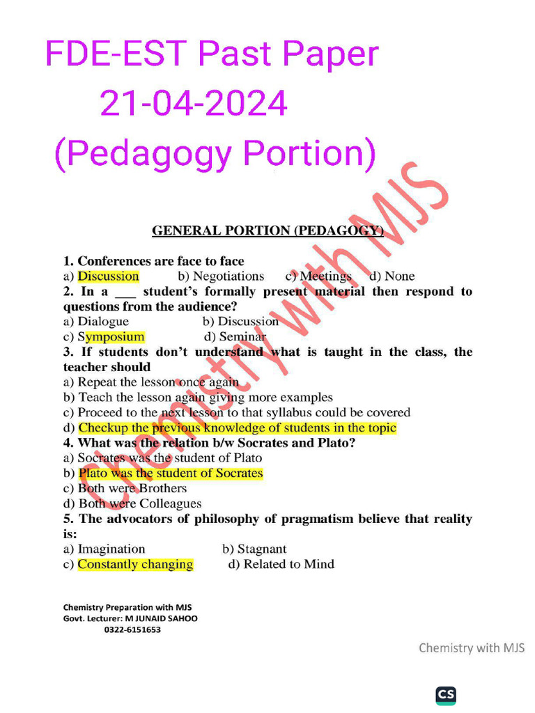 FDE-EST Past Paper 21-04-2024 (Pedagogy Portion) | PDF