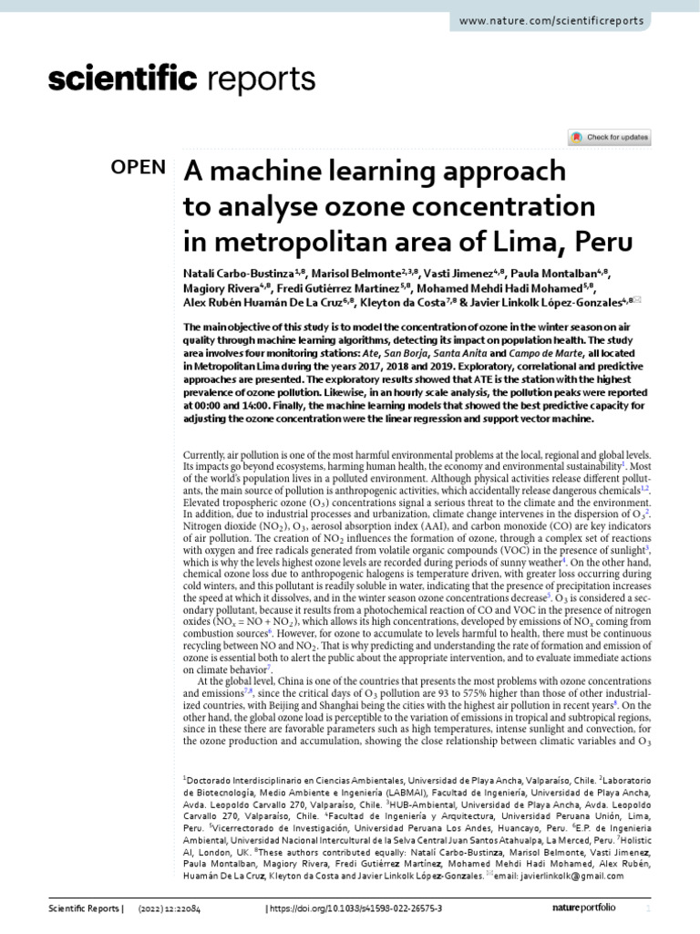 A Machine Learning Approach To Analyse Ozone Concentration In Metropolitan Area Of Lima Peru