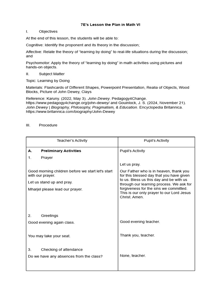7e's Lesson Plan in Math | PDF | John Dewey | Learning