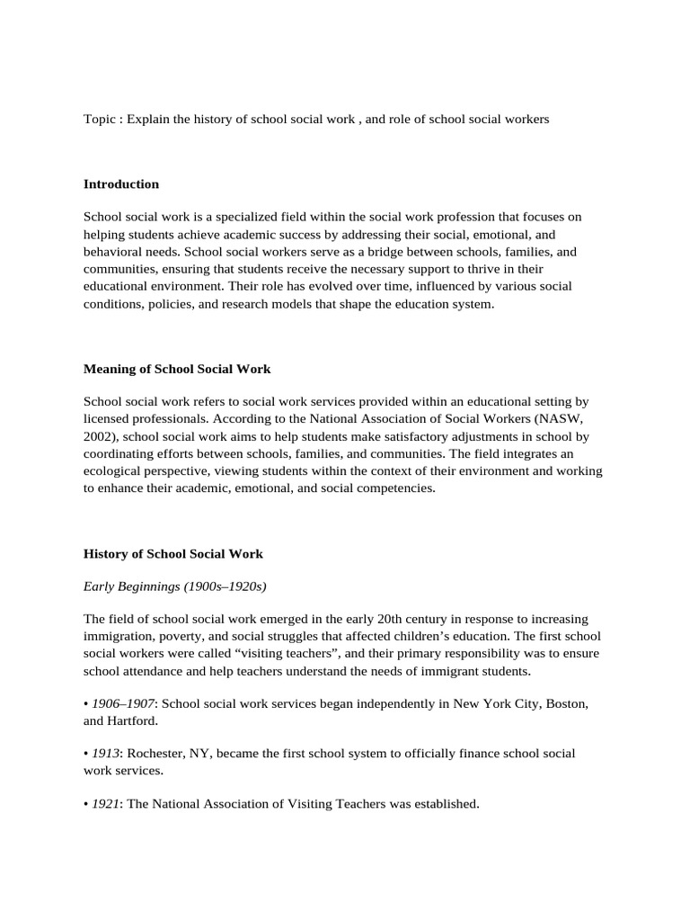 History and Role of School Social Workers | PDF | Social Work | Mental ...