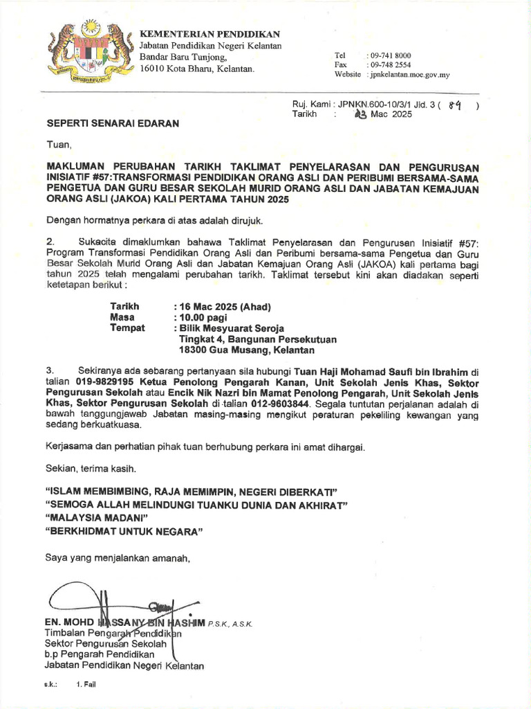 MAKLUMAN PERUBAHAN TARIKH TAKLIMAT PENYELARASAN & PENGURUSAN INISIATIF ...