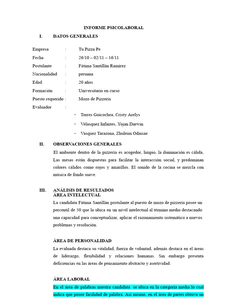 Arreglar - INFORME PSICOLABORAL - g4 - p1 | PDF | Ciencias del comportamiento | Ciencia cognitiva