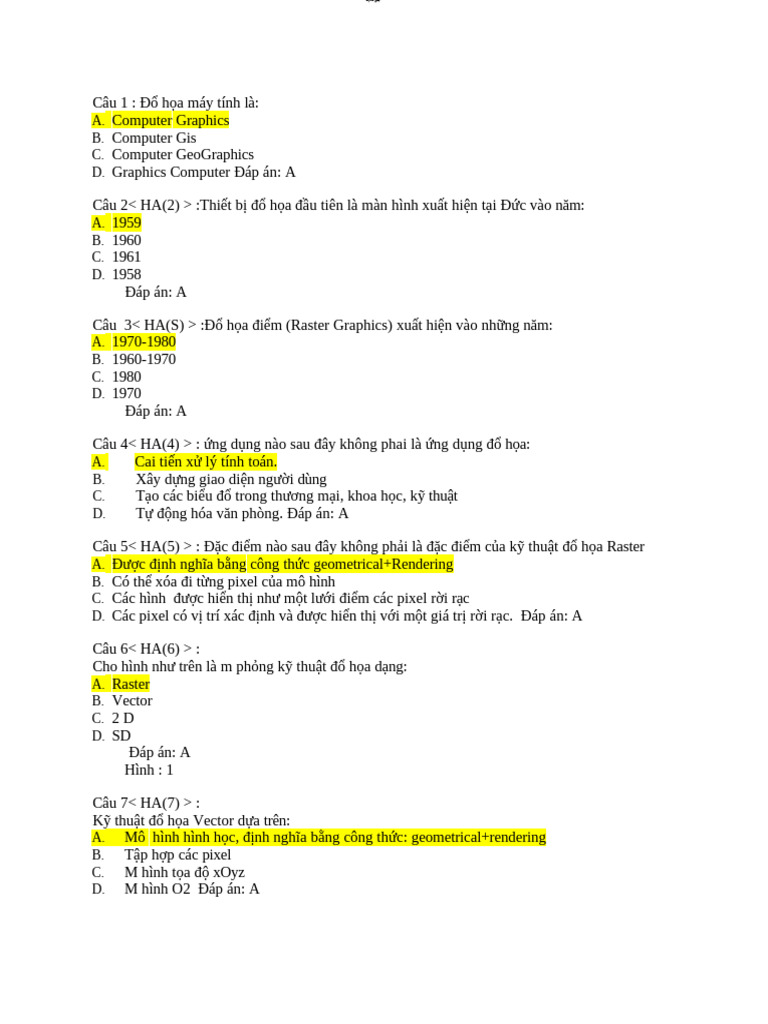 Bo Cau Hoi Trac Nghiem On Tap Mon Do Hoa May Tinh | PDF
