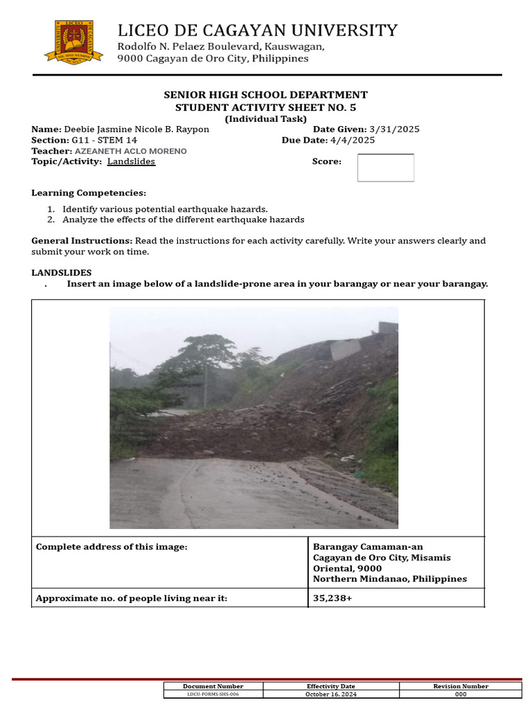 Deebie Jasmine Raypon - Activity Sheet 5 - Landslides | PDF | Landslide