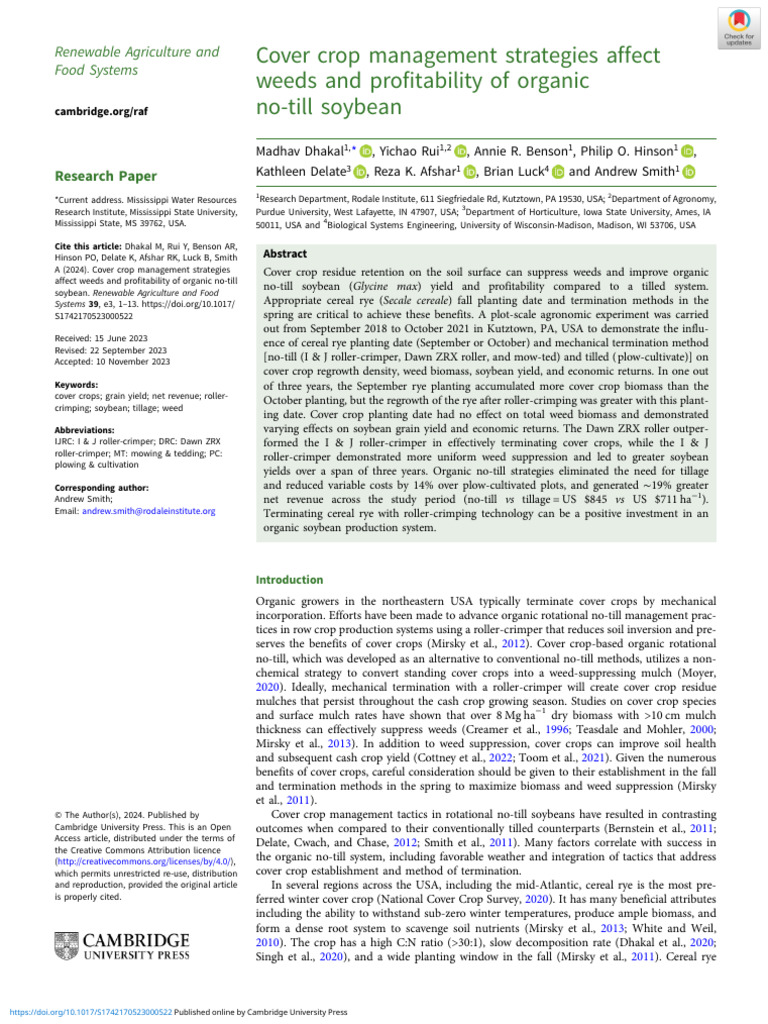 Cover Crop Management Strategies Affect Weeds and | PDF | Tillage | Cereals