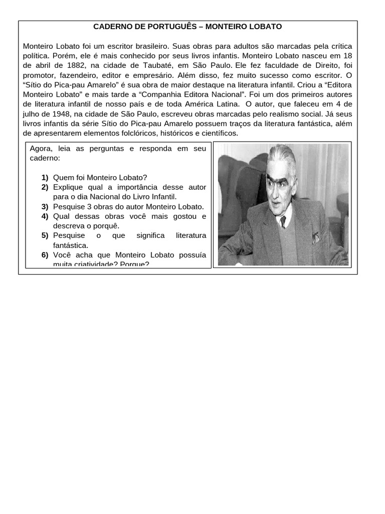 Atividade 2 - Caderno de Português Monteiro Lobato | PDF