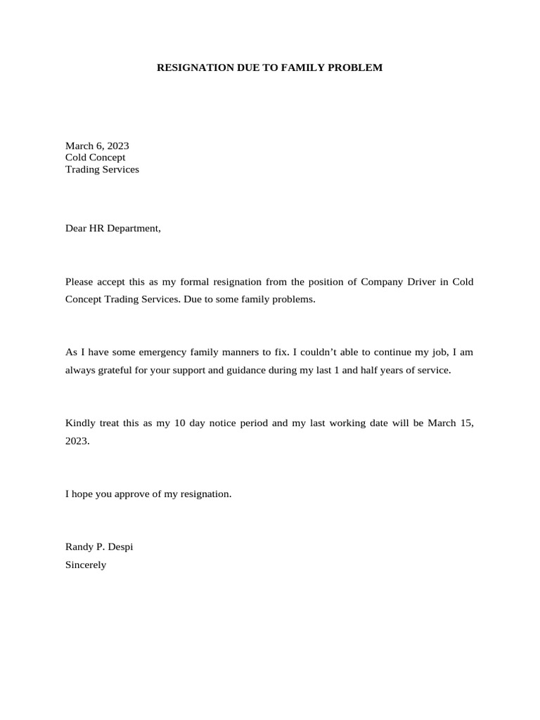 Resignation Letter for Family Issues | PDF