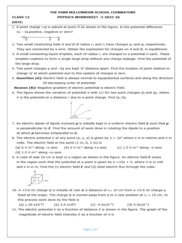 XII STD Physics WS-3 2025-261743586661 | PDF | Electric Field | Potential Energy