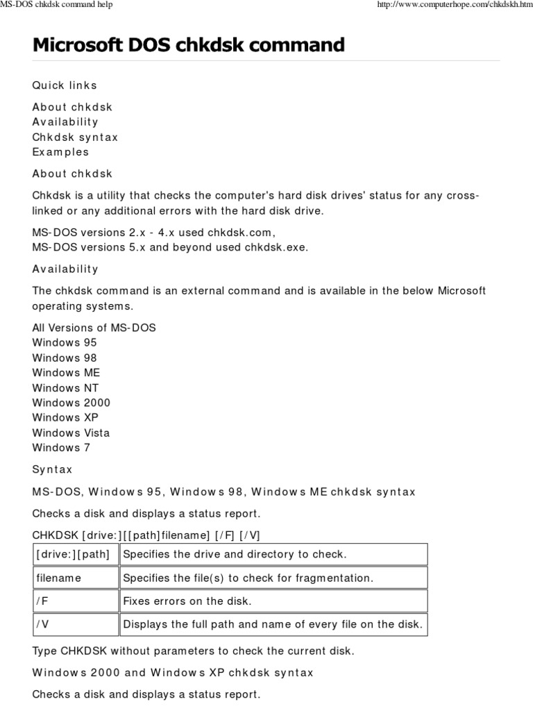 MS-DOS Chkdsk Command Help | Windows 2000 | Microsoft Software MS-DOS Chkdsk Command Help | Windows 2000 | Microsoft Software