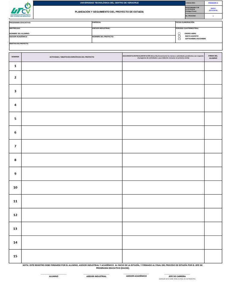 FODAC09-C PLANEACIÓN Y SEGUIMIENTO DEL PROYECTO DE ESTADÍA (Logo) | PDF