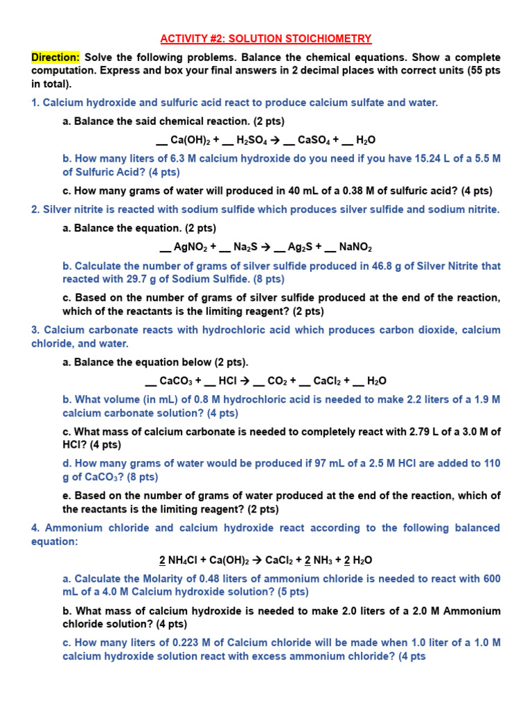 Activity 2 Solution Stoich | PDF | Stoichiometry | Hydrochloric Acid