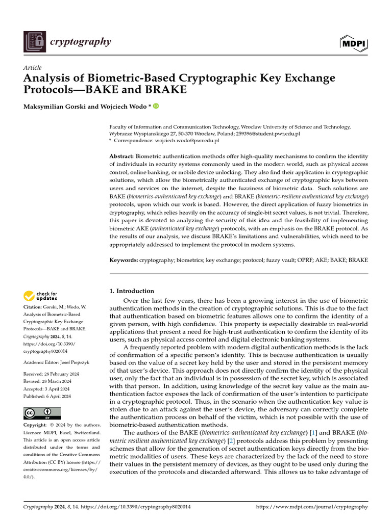 Cryptography 08 00014 v2 | PDF | Key (Cryptography) | Cryptography