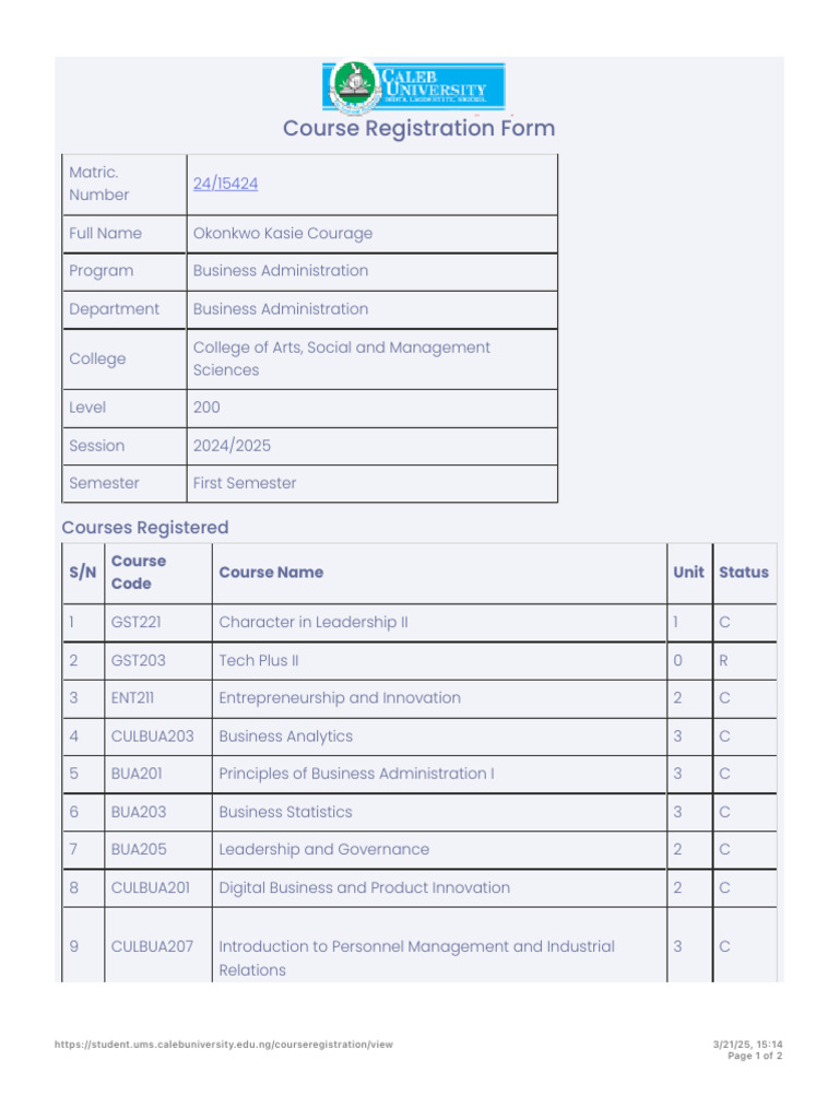 Course Form - Caleb University | PDF