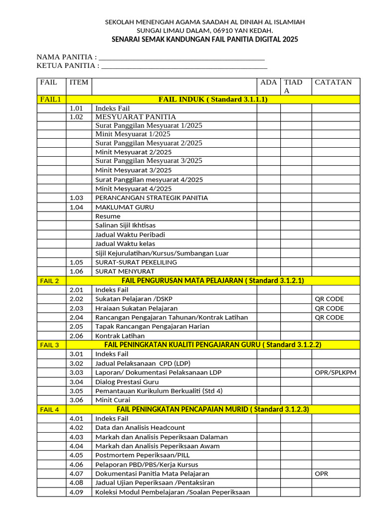 Senarai Semak Fail Panitia | PDF
