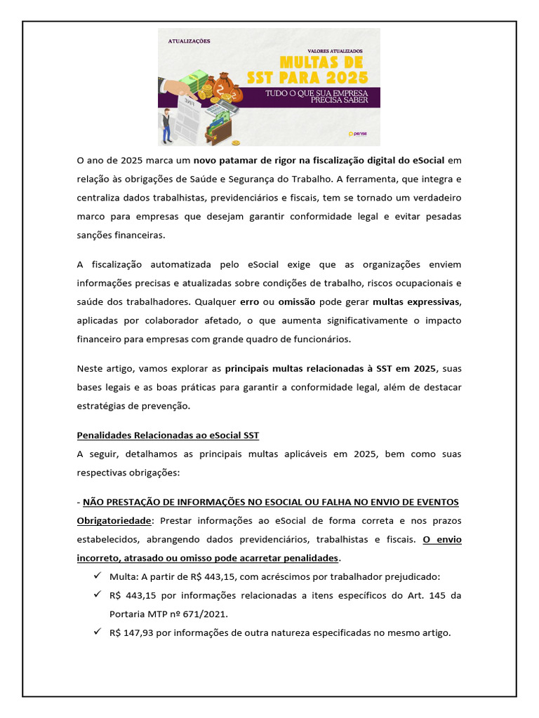 Multas para o Esocial SST em 2025 | PDF
