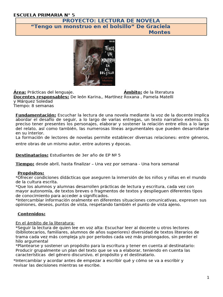Proyecto Novela Tengo Un Monstruo en El Bolsillo 3º 2025 | PDF ...