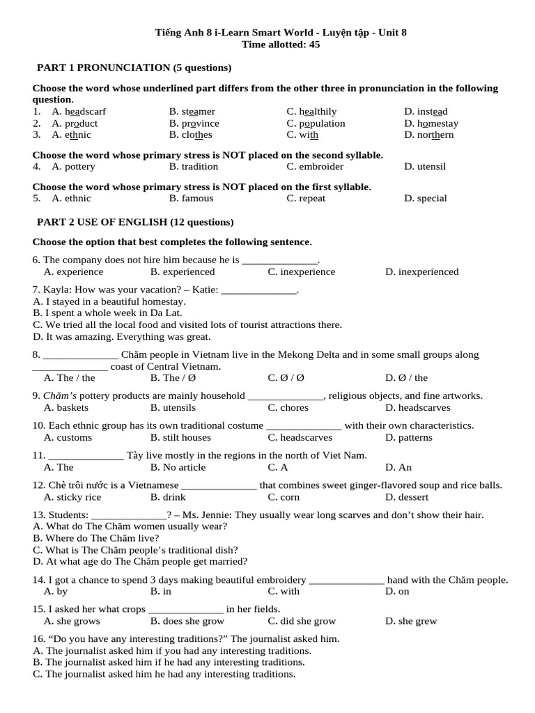 Tiếng Anh 8 i-Learn Smart World - Luyện tập - Unit 8 | PDF