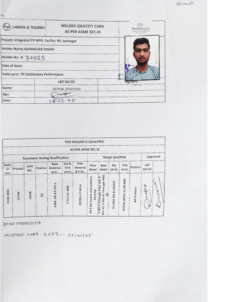 Aurangzeb Reliance L&T Argon Welder Certificate | PDF