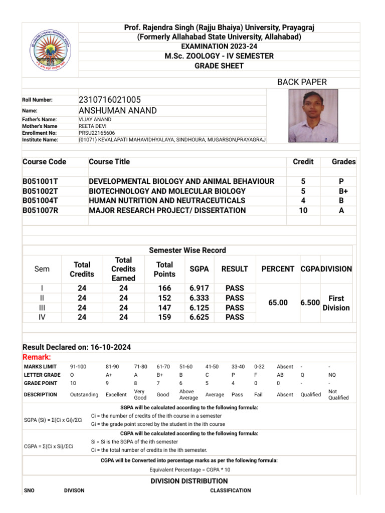 M.Sc. Zoology IV Semester Grade Sheet | PDF | Educational Stages