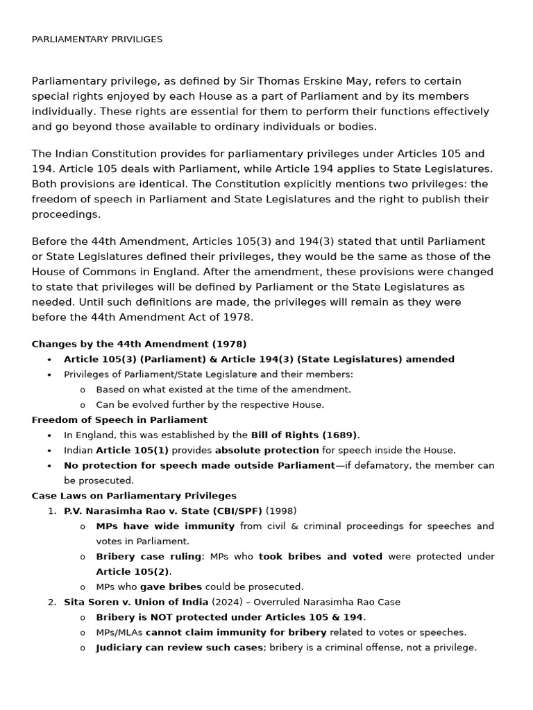 Parliamentary Privileges | PDF | Parliamentary Immunity | Bribery
