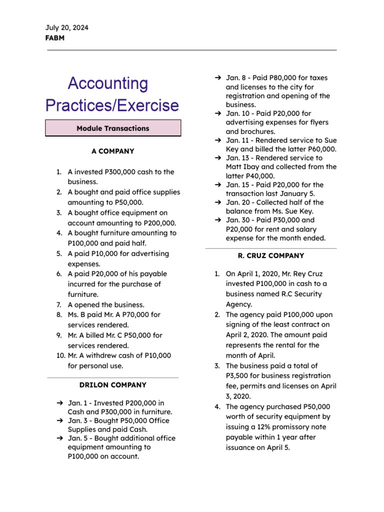 FABM - Accounting Exercises | PDF | Expense | Financial Services