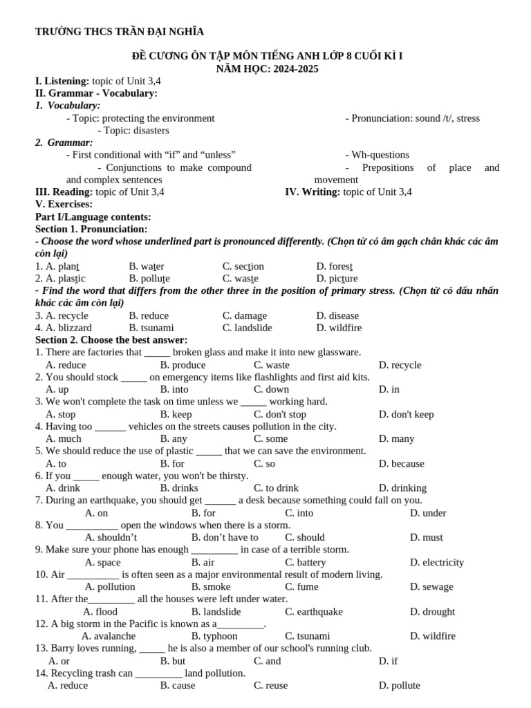 2425 - Tieng Anh 8 - de Cuong Cuoi Ki I - TDN | PDF | Natural Events | Synoptic Meteorology And ...