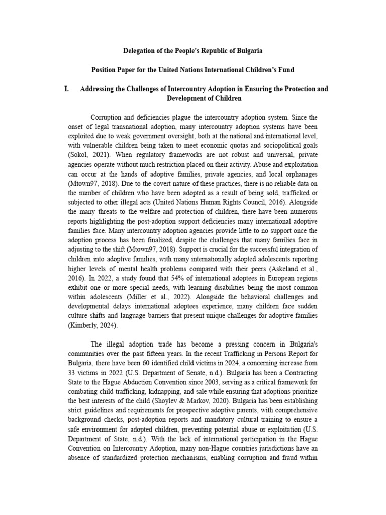 Bulgaria - UNICEF - Position Paper - MUN | PDF | Adoption | Childhood