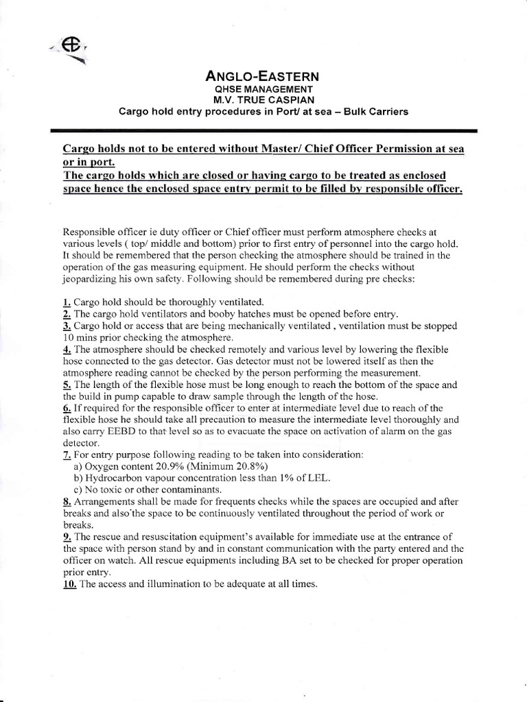 Cargo Hold Entry Safety Procedures | PDF | Cargo
