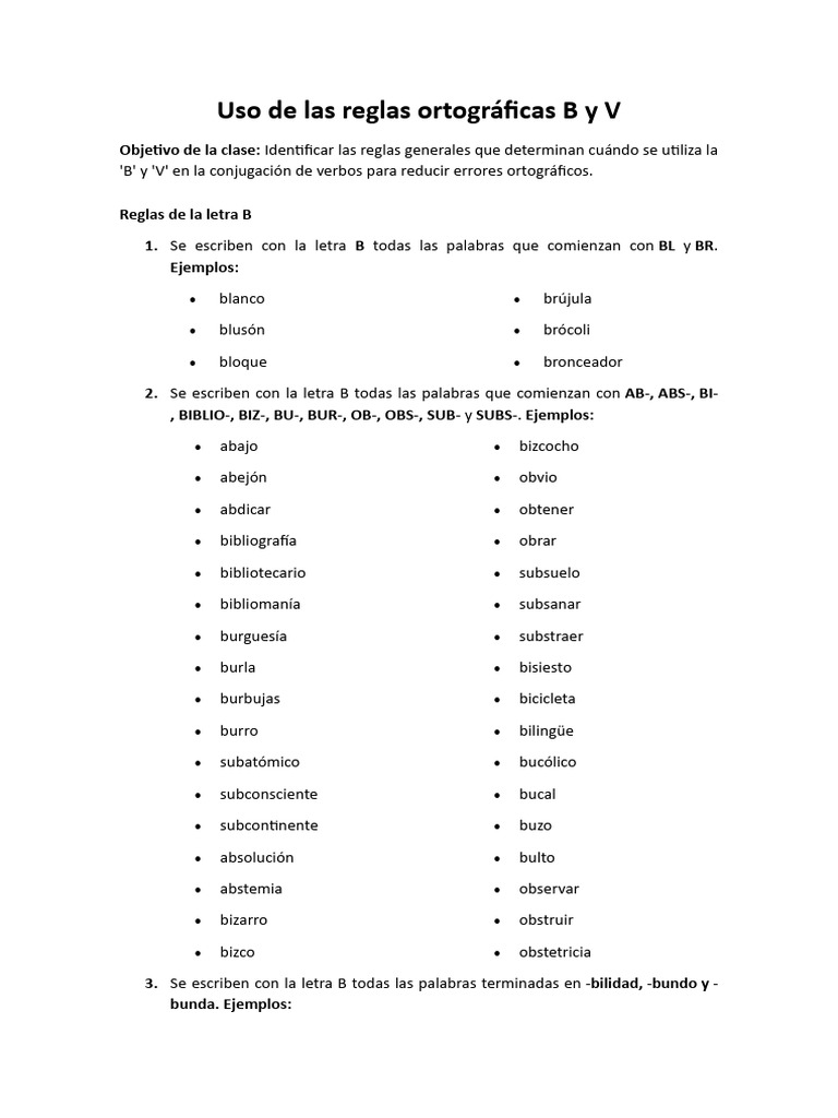 Uso de Las Reglas Ortográficas B y V: Objetivo de La Clase | PDF | Verbo | Mecánica del lenguaje