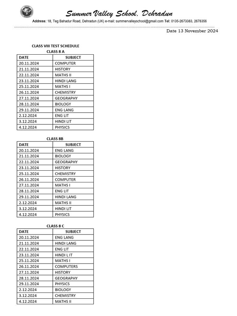 Cls Viii Test Schedule Nov - Dec | PDF | Natural Sciences | Science