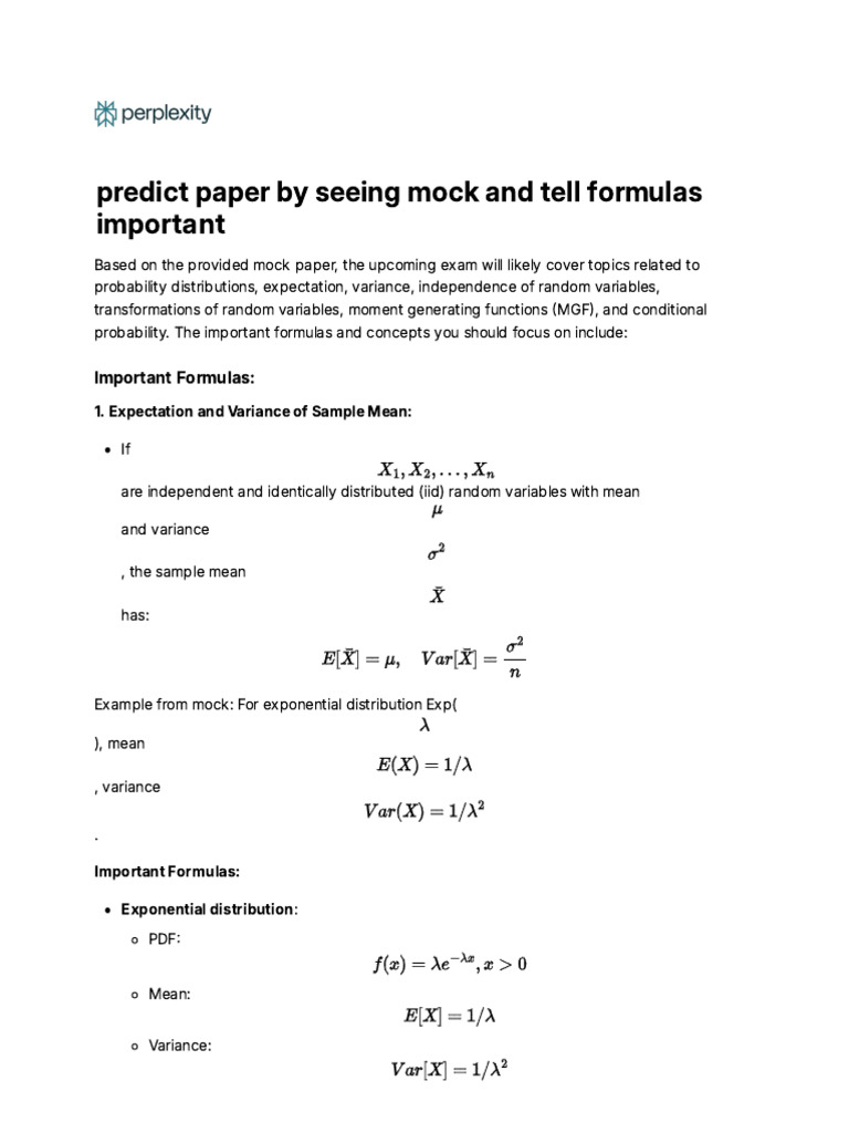 Key Exam Formulas for Probability Topics | PDF | Probability Density ...